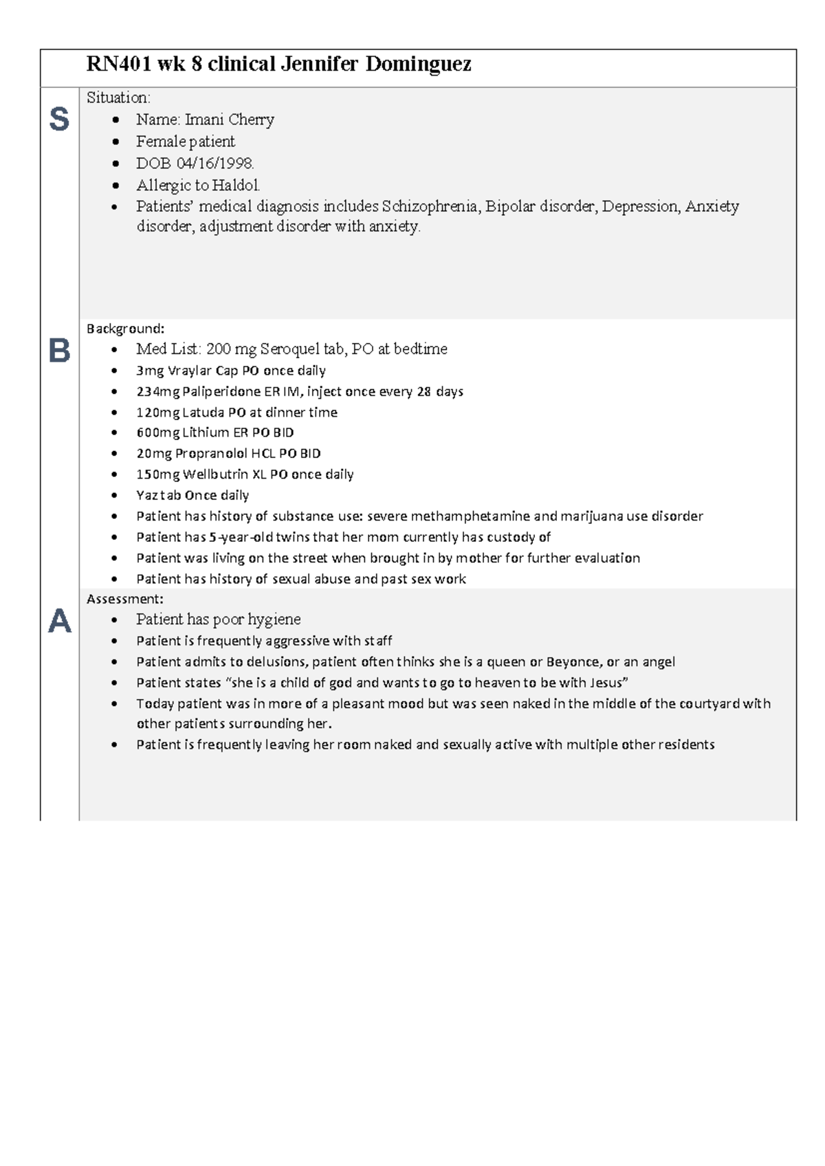 401 wk 8 - clinical - RN401 wk 8 clinical Jennifer Dominguez S ...