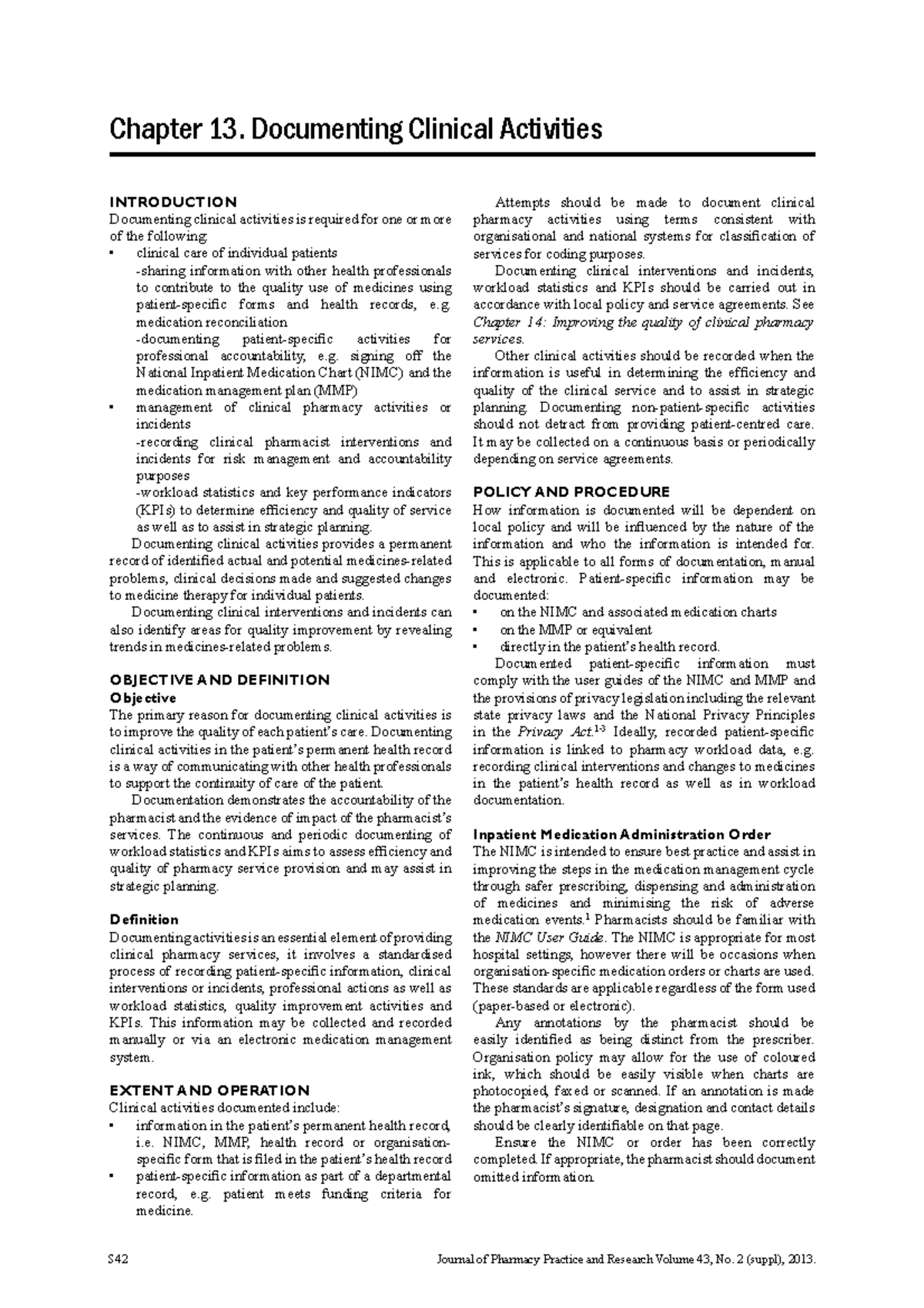 Sop clinical pharmacy s42-s46 chapter 13 - Chapter 13. Documenting Clinical Activities ...