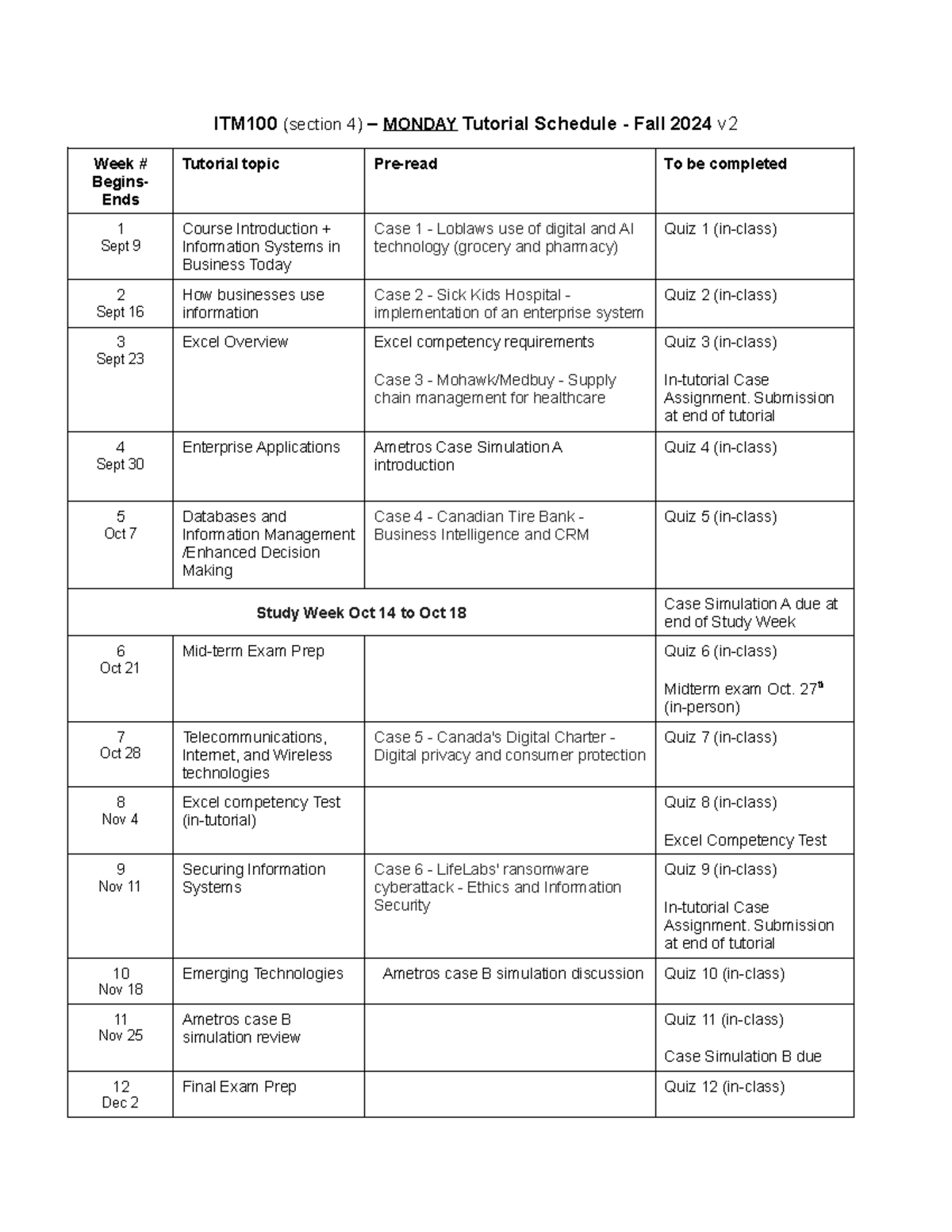 ITM100 - Mon Tutorial Schedule - F24 - R Babin v2 - ITM100 (section 4 ...