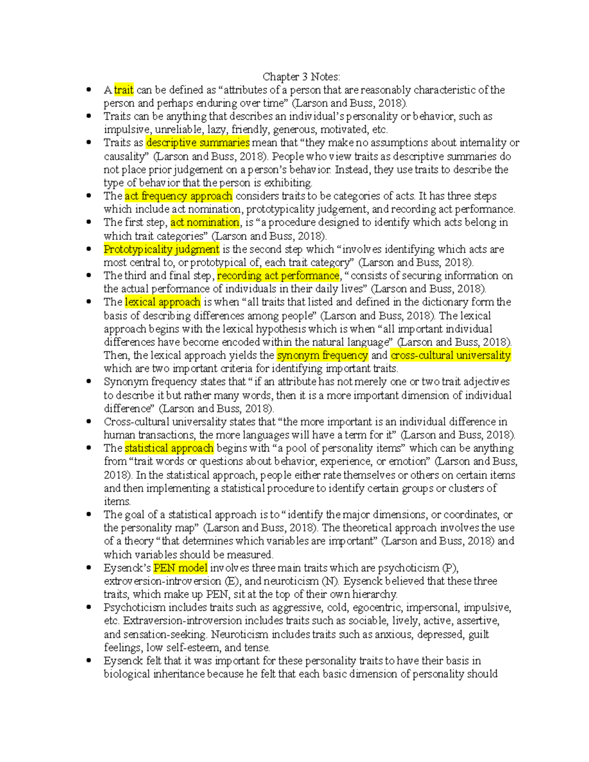 Chapter 3 Textbook Notes - Chapter 3 Notes: A trait can be defined as ...