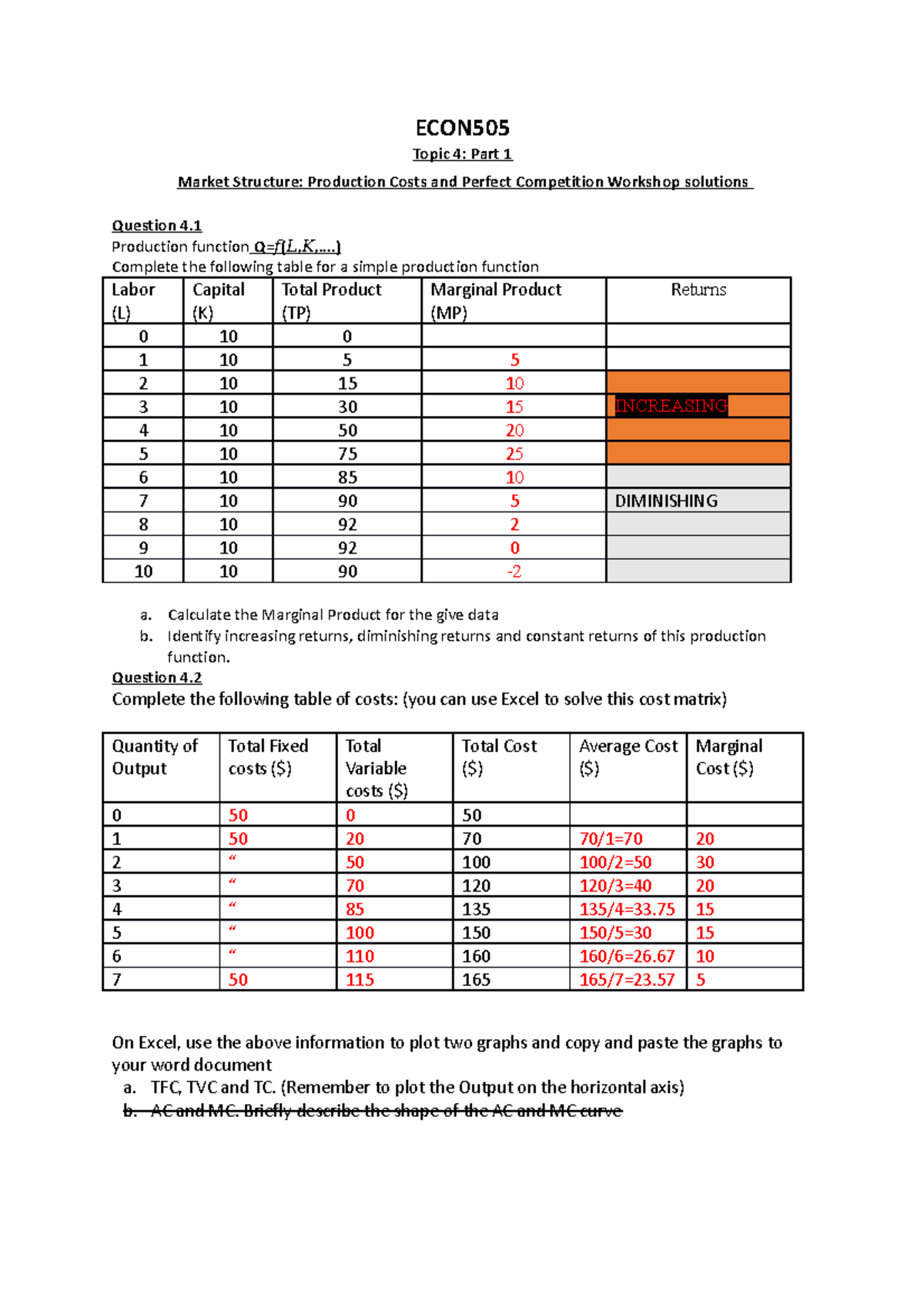 Topic 4 Part 1 Production costs & Perfect Competition Solutions - ECON ...