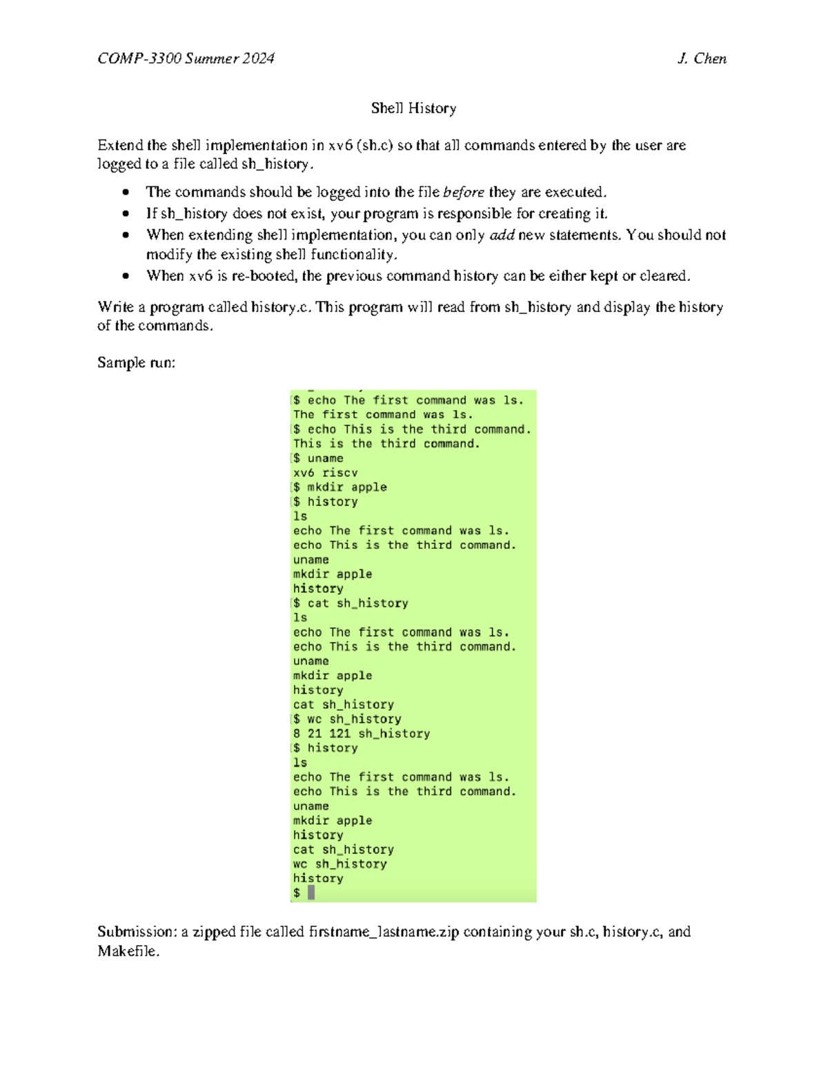 A2 - Lab example - COMP-3300 Summer 2024 J. Chen Shell History Extend ...