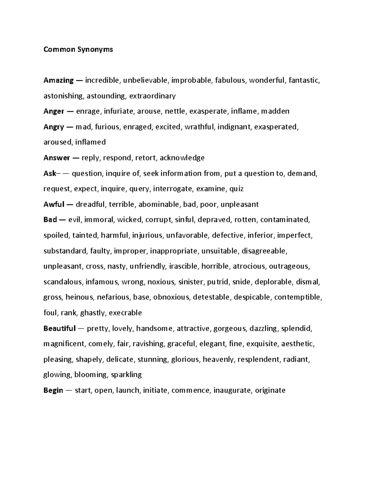 Common-Synonyms - Common Synonyms Amazing — incredible, unbelievable ...