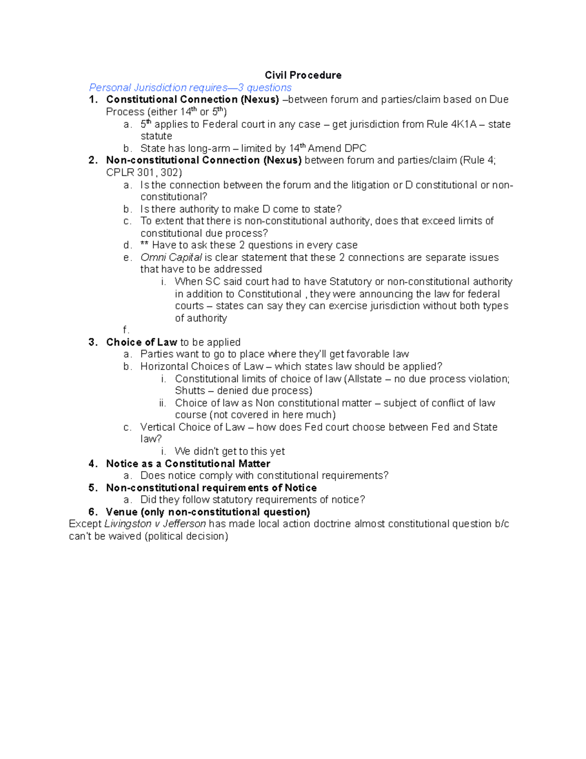 Civil Procedure Law Outline - 2 - Civil Procedure Personal Jurisdiction ...