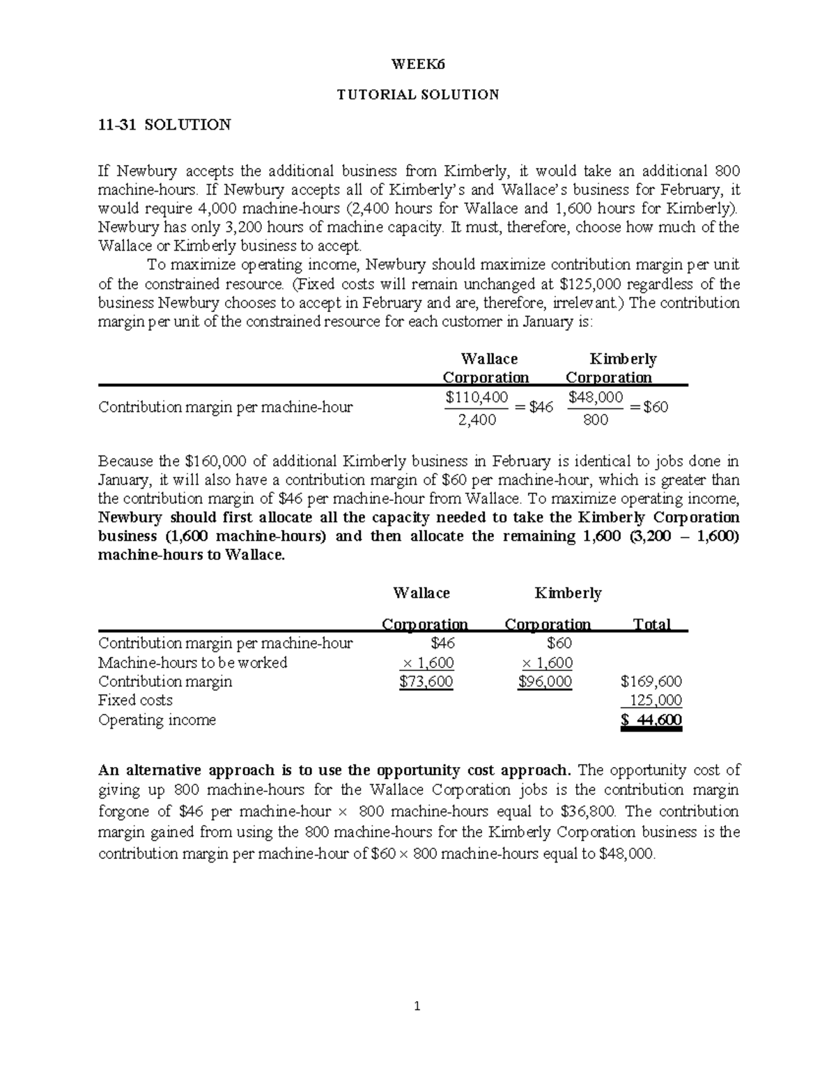 WEEK 6 Solution - WEEK TUTORIAL SOLUTION 11-31 SOLUTION If Newbury accepts the additional ...