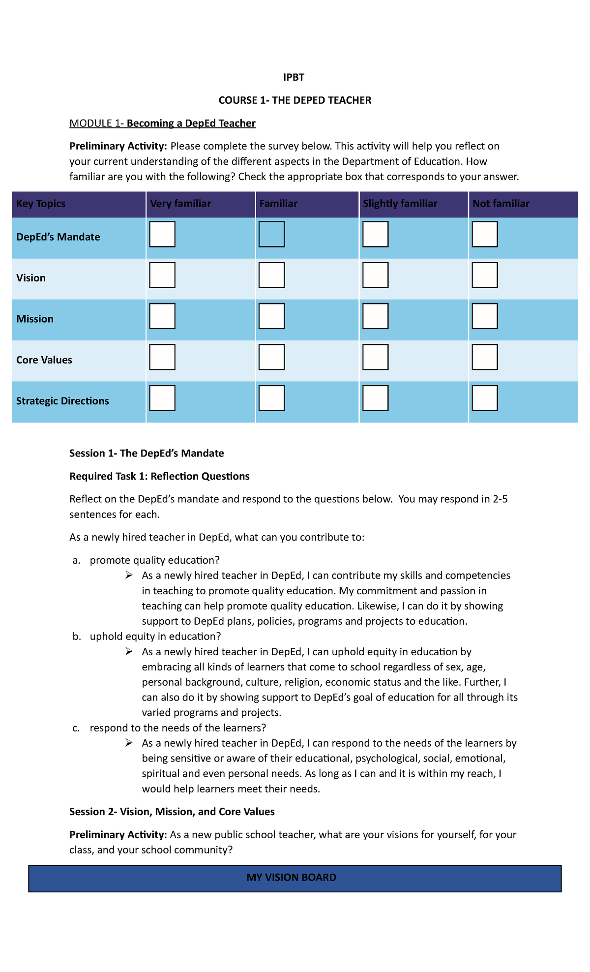 IPBT Course-1 Answers - IPBT COURSE 1- THE DEPED TEACHER MODULE 1 ...