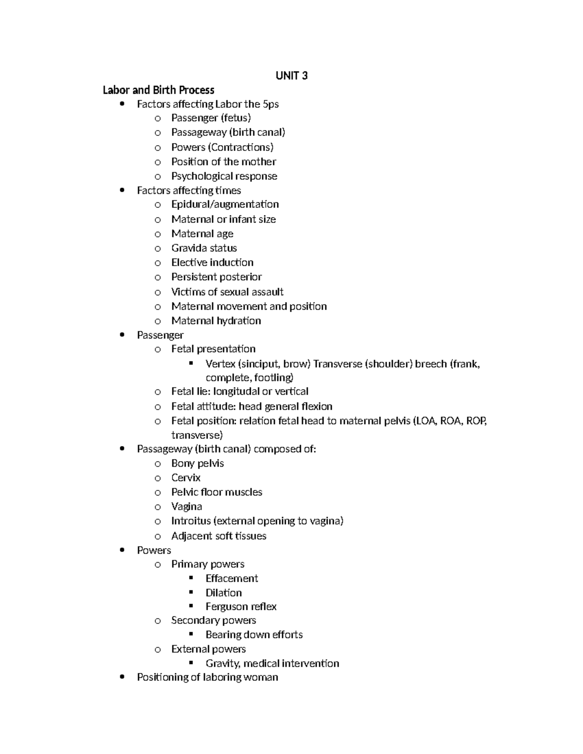 NUR 230 Unit 3 - Unit 3 information - UNIT 3 Labor and Birth Process ...