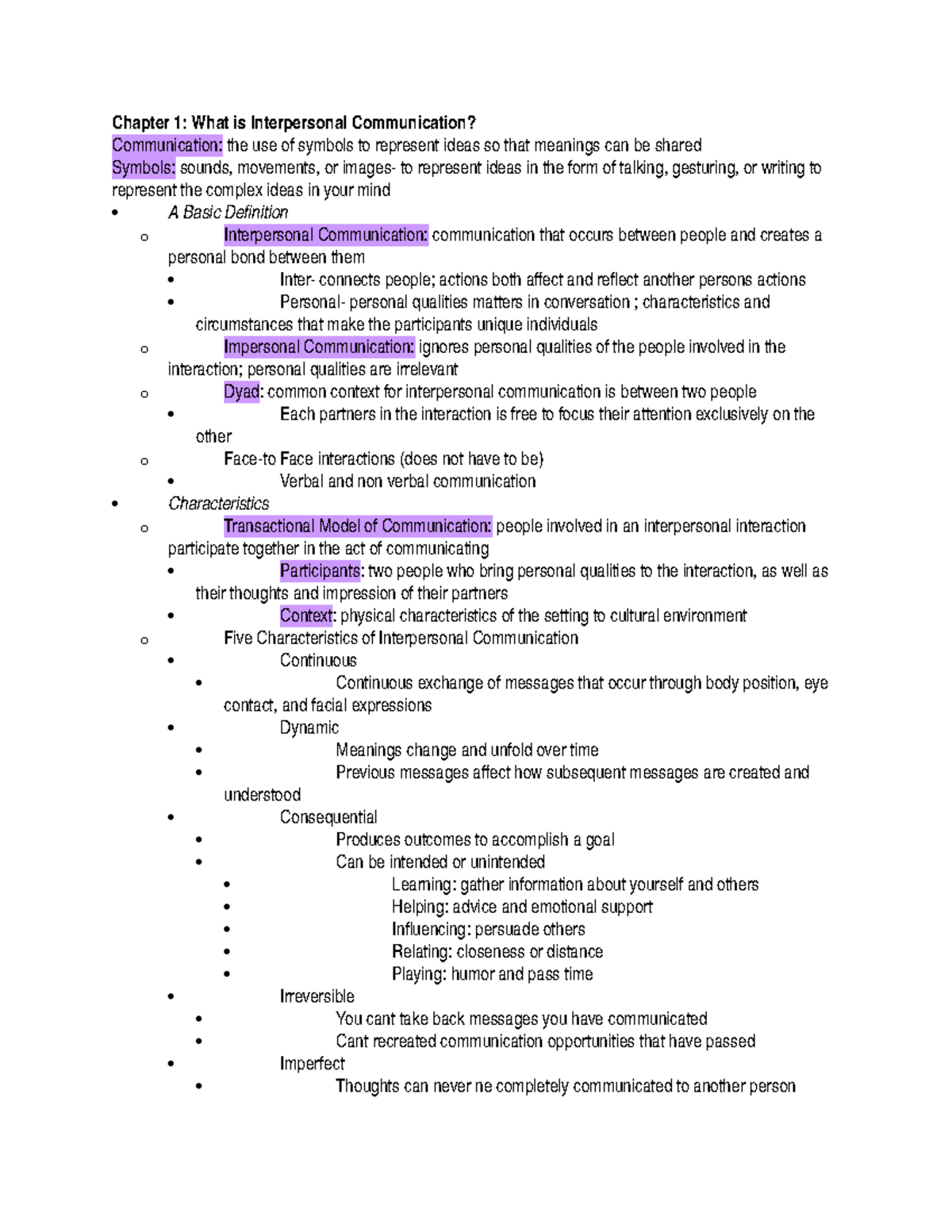 Chapter 1 Notes - Chapter 1: What is Interpersonal Communication ...