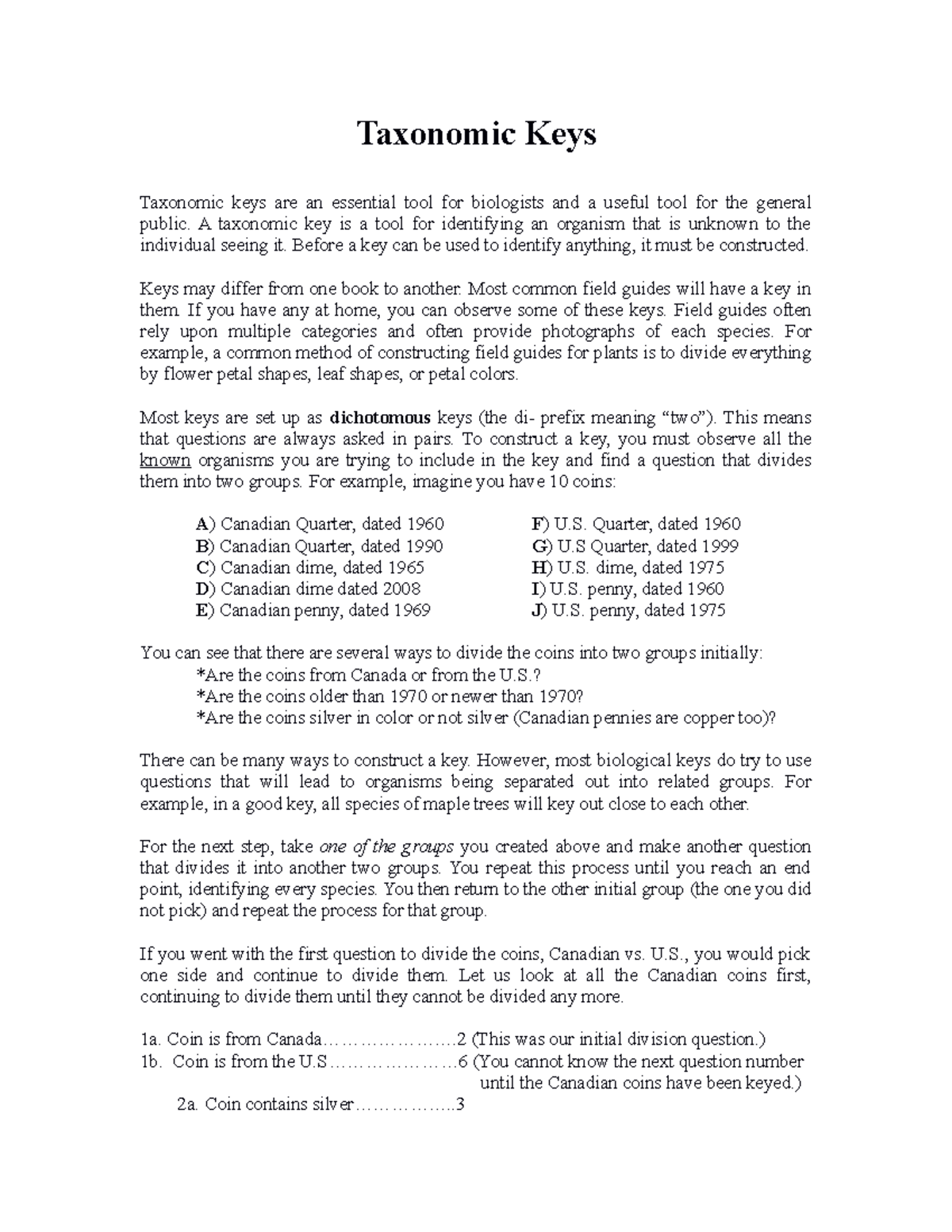 1 - Taxonomic Keys - It’s for honors biology students - Taxonomic Keys ...