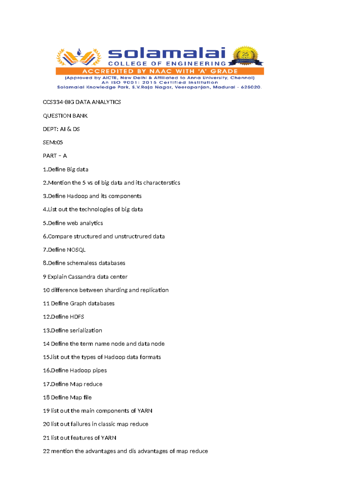 CCS334 BIG DATA Analytics Question BANK - CCS334-BIG DATA ANALYTICS QUESTION BANK DEPT: AI & DS ...