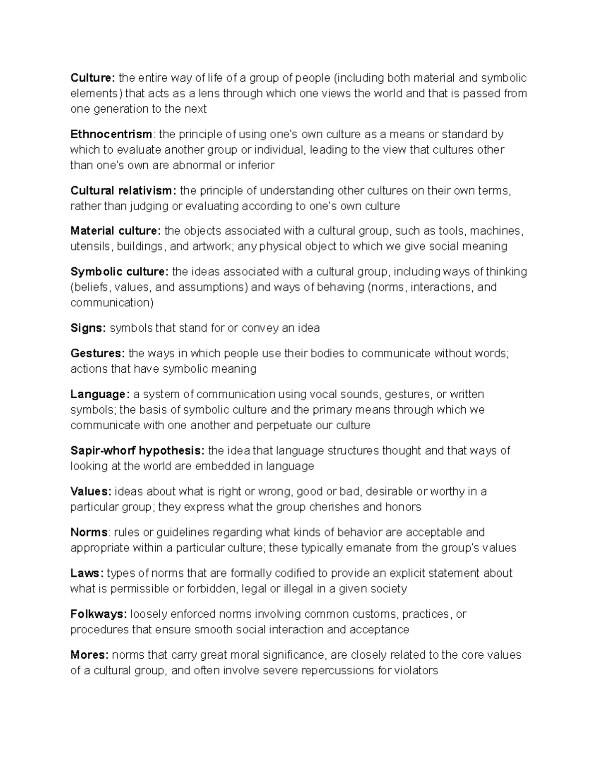 Introduction to Sociology Chapter 3 Vocab - Culture: the entire way of ...