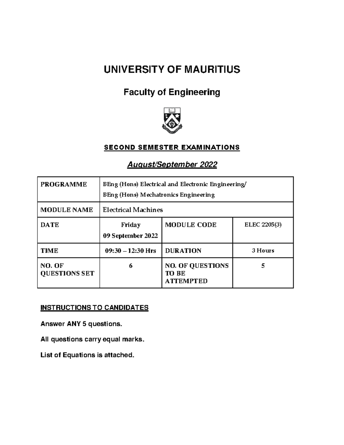 ELEC2205 3 2022 2 - exam questions - UNIVERSITY OF MAURITIUS Faculty of ...