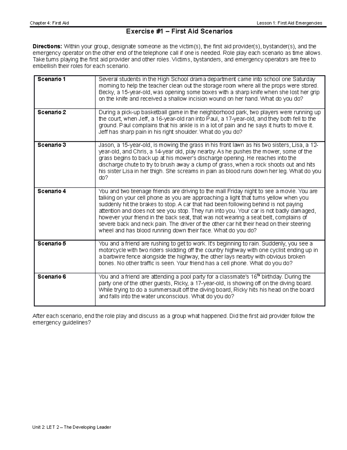 U2C4L1 Exercise 1 - First Aid Scenarios - Chapter 4: First Aid Lesson 1 ...