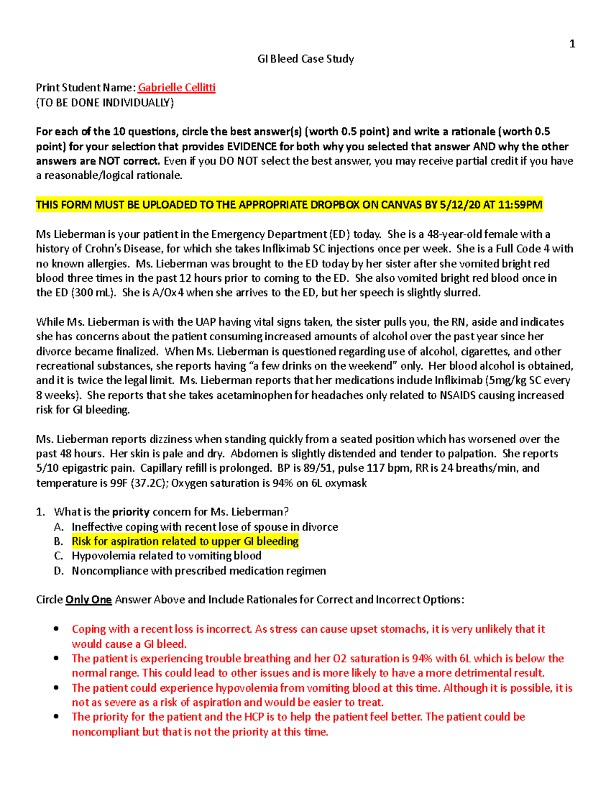 Gi bleed patho - GI - GI Bleed Case Study Print Student Name: Gabrielle ...