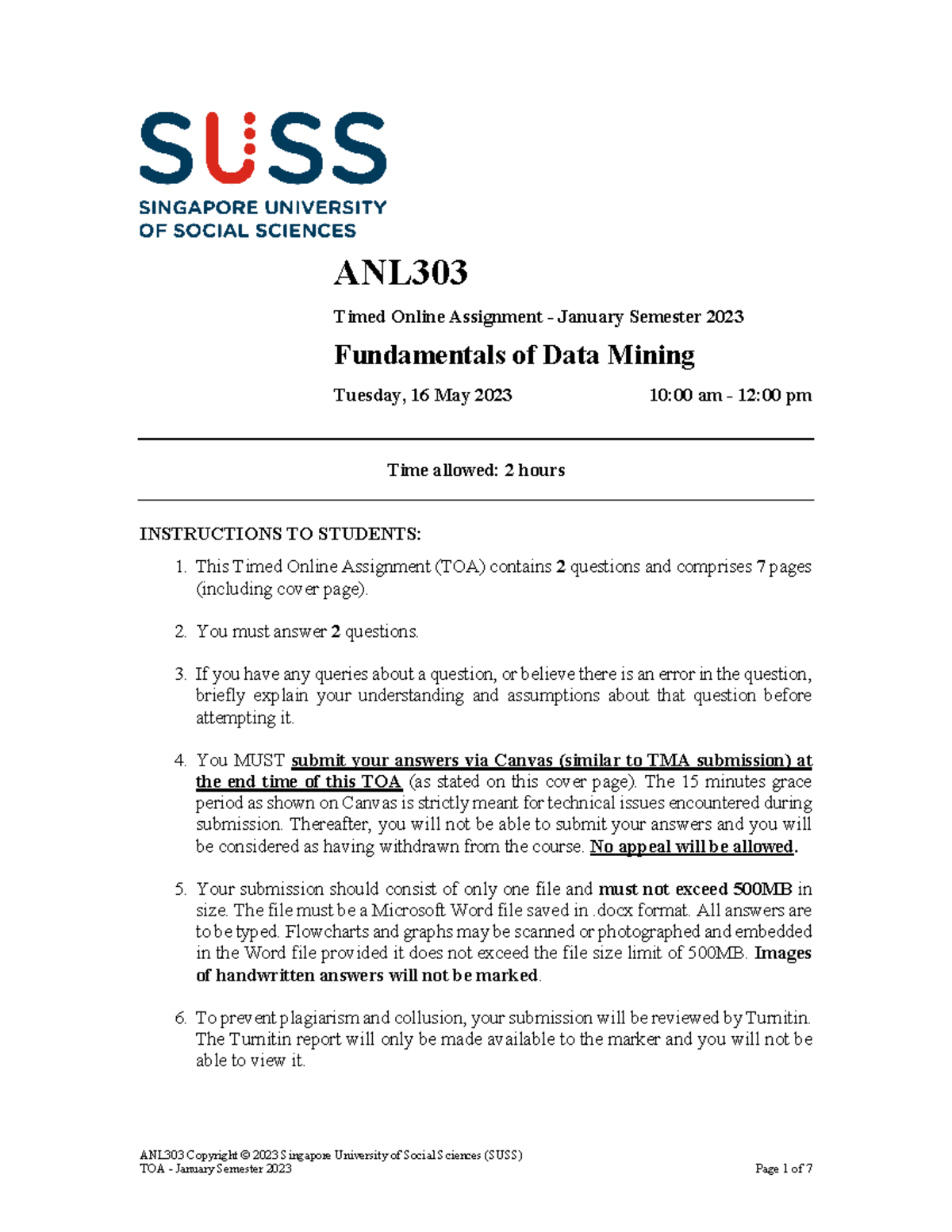 ANL303 JAN 2023 TOA - past paper - ANL303 Copyright © 2023 Singapore University of Social ...