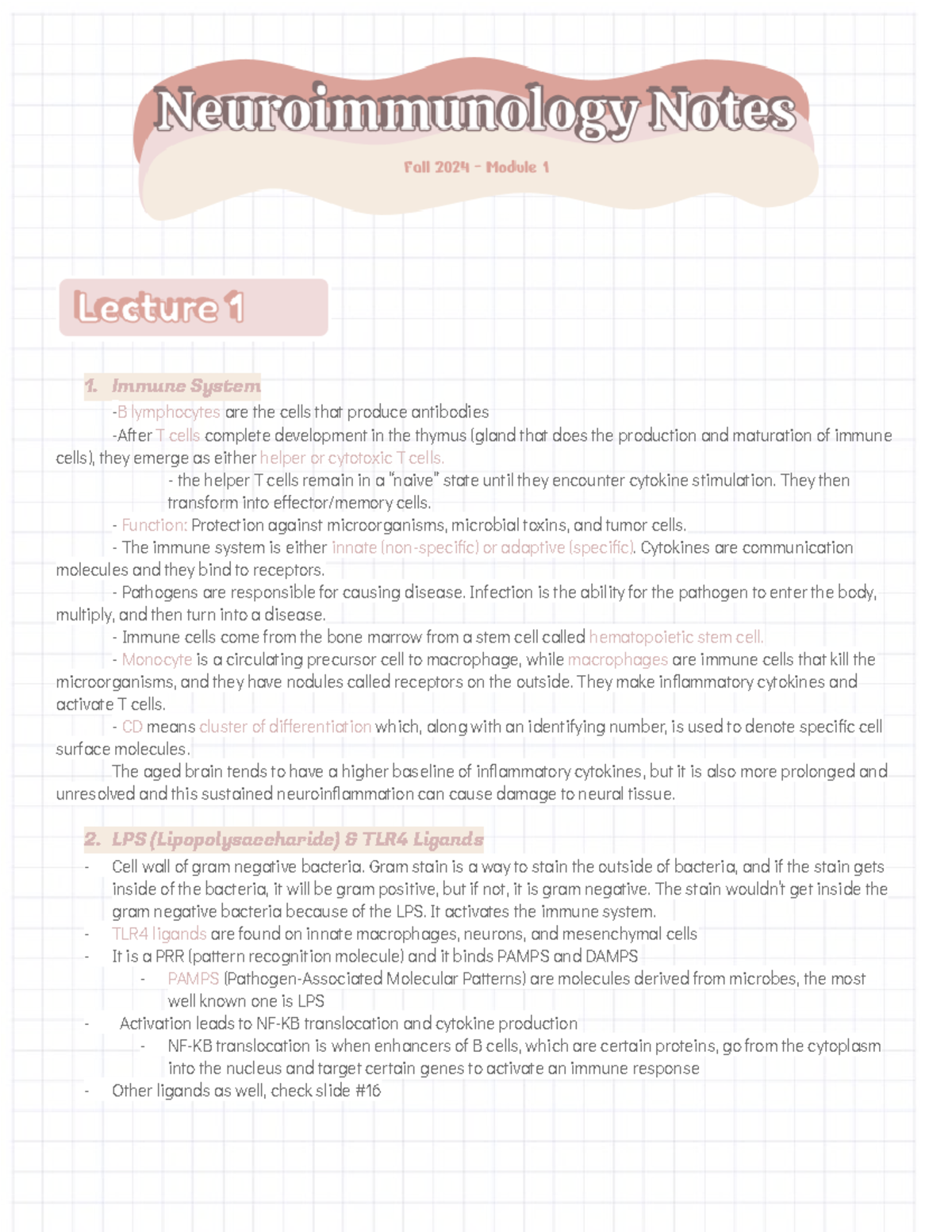 Neuroimmunology Notes - Module 1 - 1. Immune System B lymphocytes are ...
