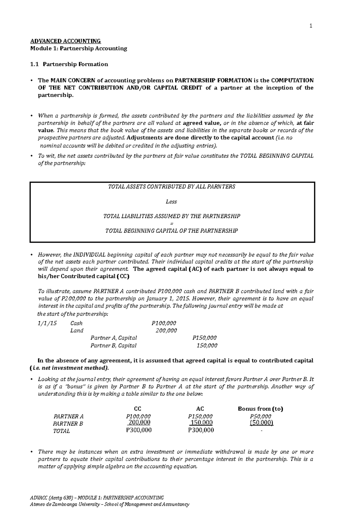 Advacc notes - ADVANCED ACCOUNTING Module 1: Partnership Accounting 1 ...
