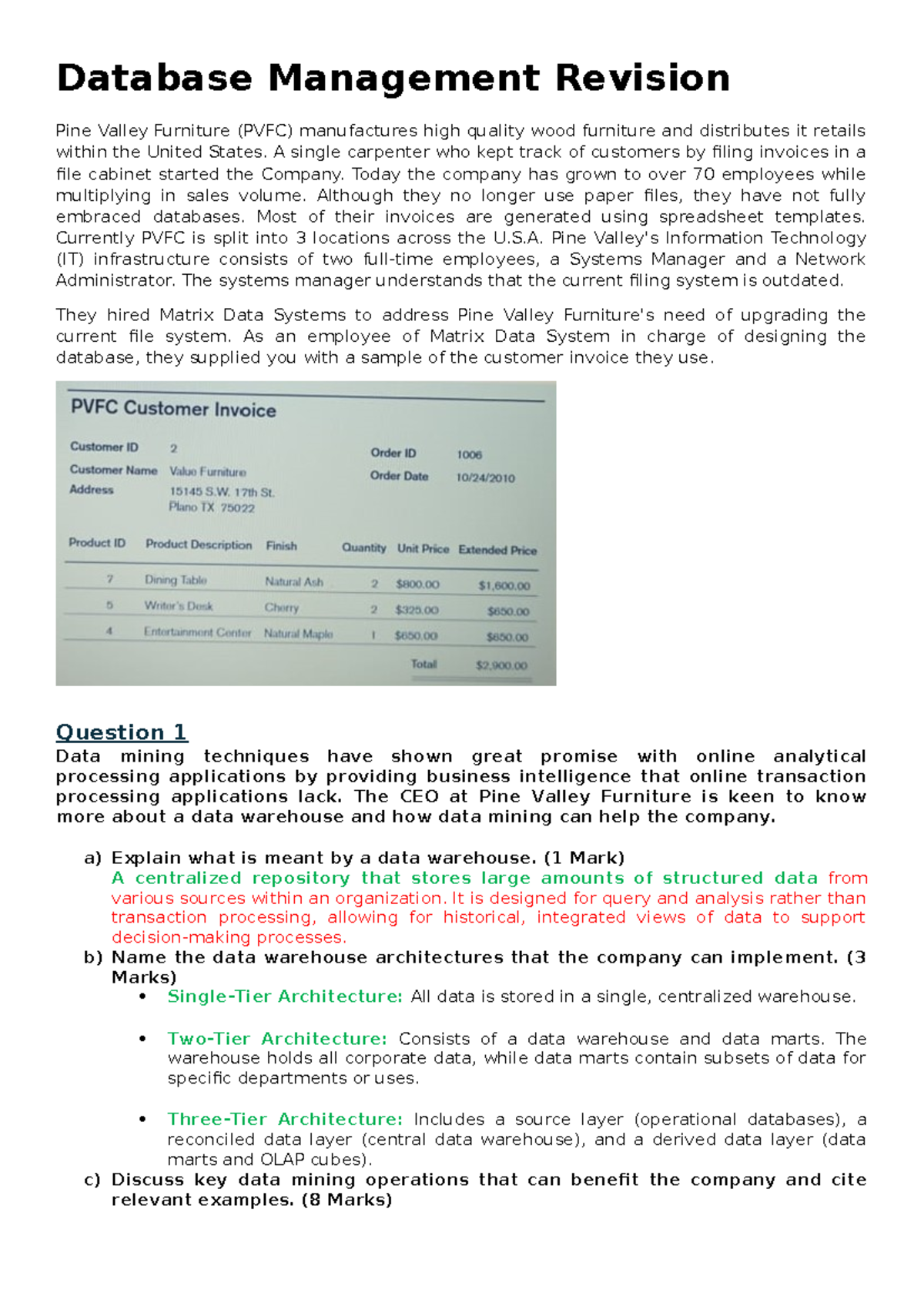 Database Management System Revision - Database Management Revision Pine Valley Furniture (PVFC ...