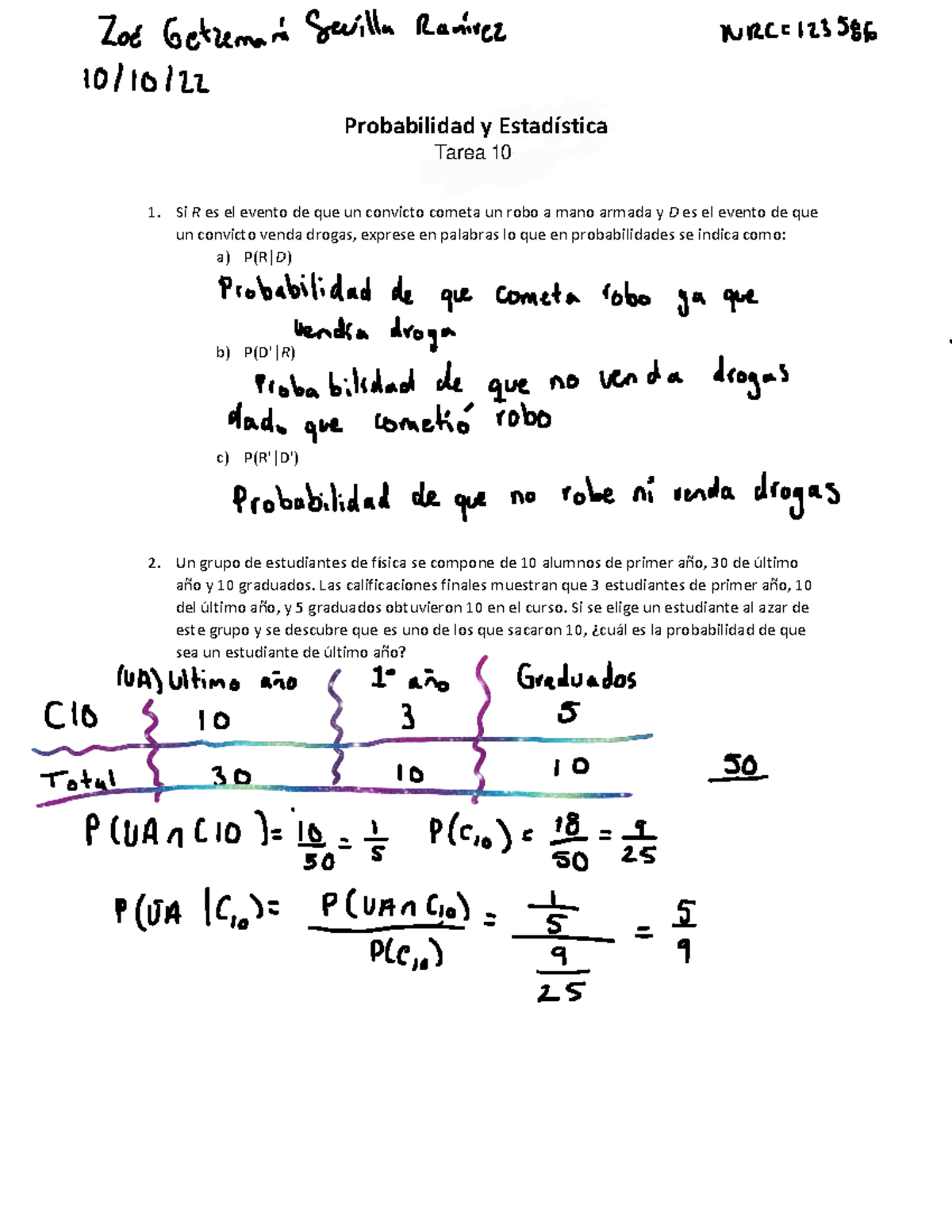 Tarea 10 Sevilla Zoe - Ejercicios resueltos de probabilidad y estadistica - Probabilidad y - Studocu