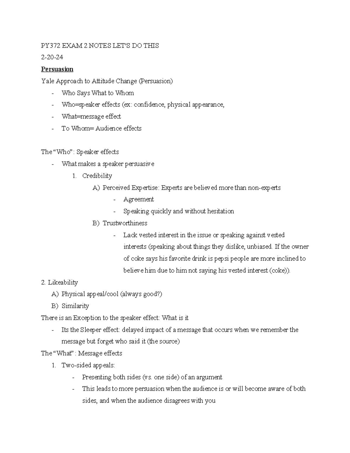 PY372 EXAM 2 Notes - PY372 EXAM 2 NOTES LET'S DO THIS 2-20- Persuasion ...
