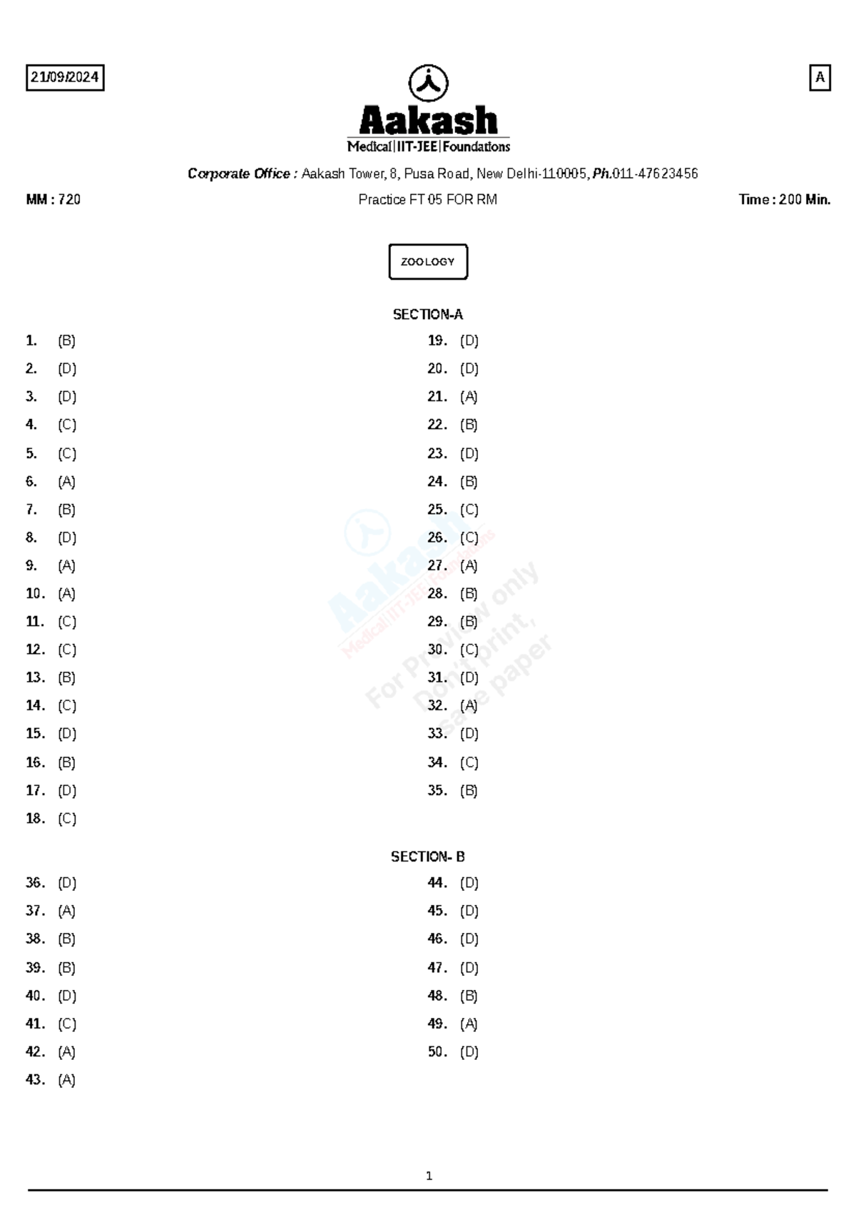 Practice FT 05 FOR RM P2 answer key - 21/09/ Corporate Office : Aakash Tower, 8, Pusa Road, New ...