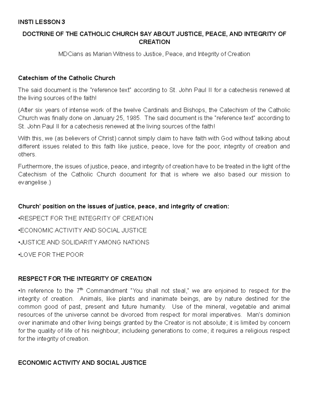 Institutional Subject - INSTI LESSON 3 DOCTRINE OF THE CATHOLIC CHURCH ...