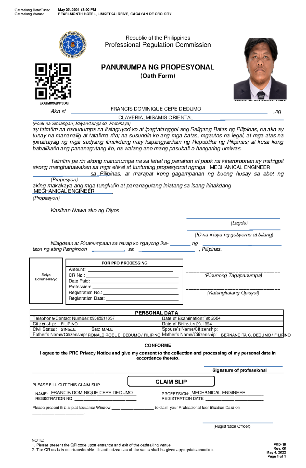 Doc - form - EOBM99QPP3DG May 25, 2024 13:00 PM PEARLMONTH HOTEL ...