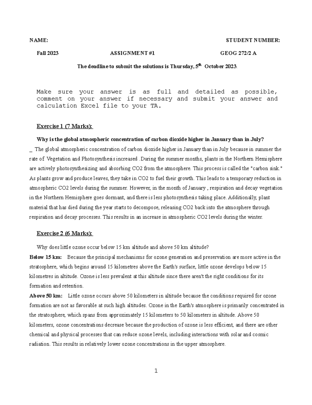 geog 272 1ST assignments - NAME: STUDENT NUMBER: Fall 2023 ASSIGNMENT ...