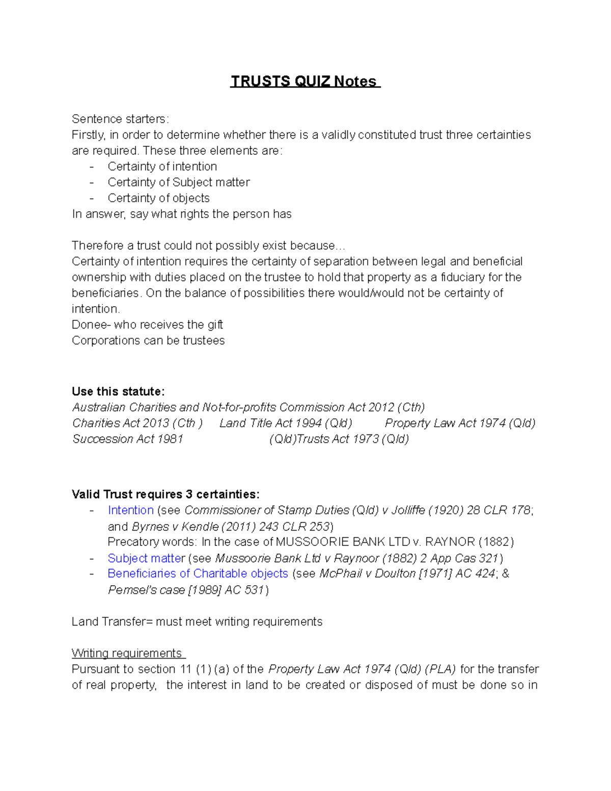 Trusts QUIZ Notes - TRUSTS QUIZ Notes Sentence starters: Firstly, in ...