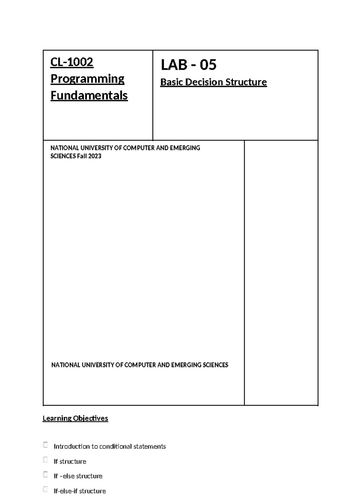 Basic Decision Structure in C - CL- Programming Fundamentals LAB - 05 Basic Decision Structure ...
