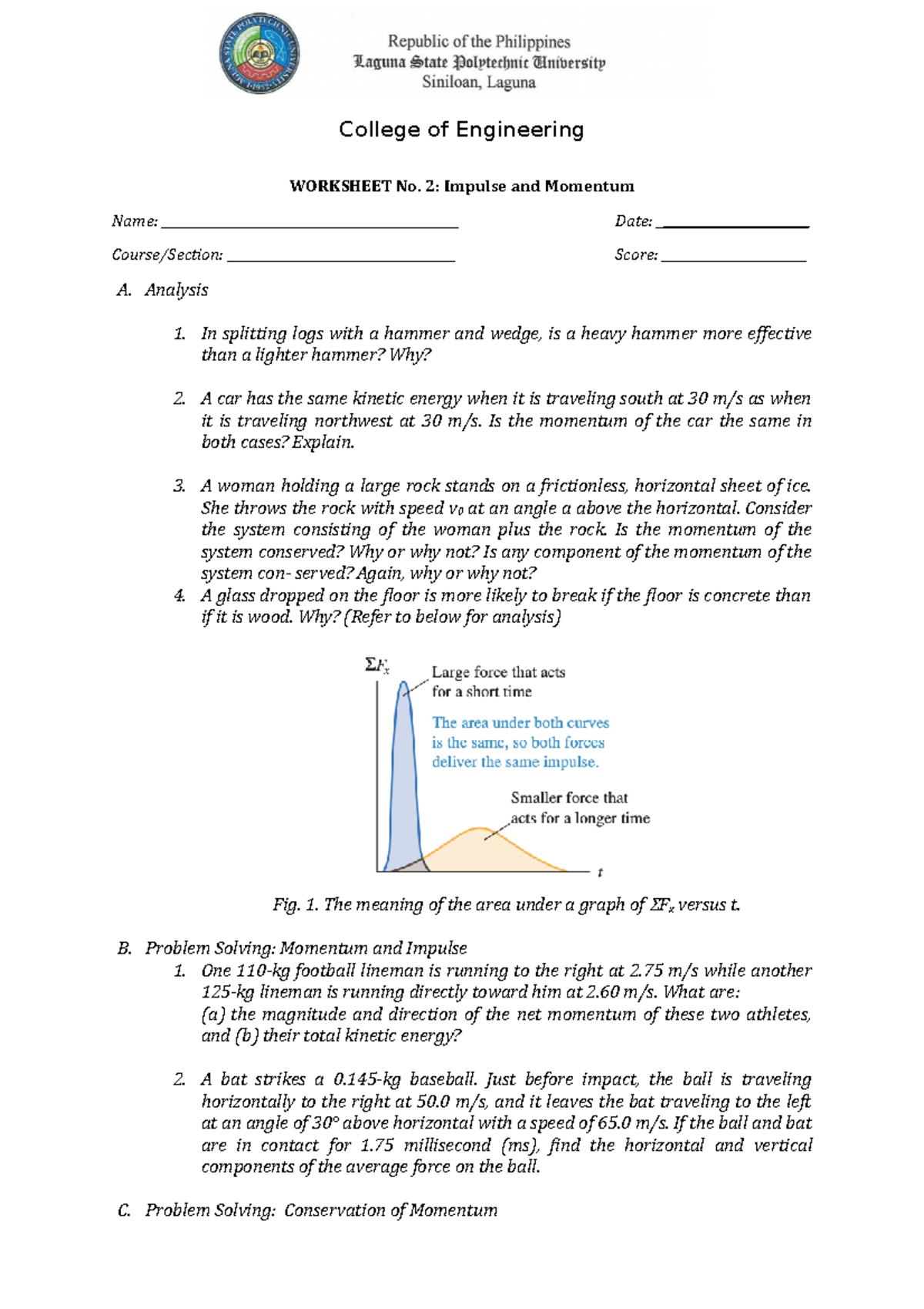 Worksheet 2 - Impulse and Momentum - College of Engineering WORKSHEET ...