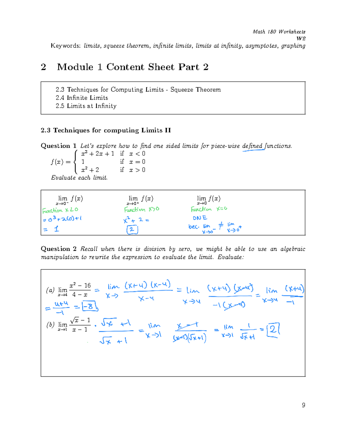 Module 1 Part II - Squeeze theorem, infinite limits, limits at infinity ...