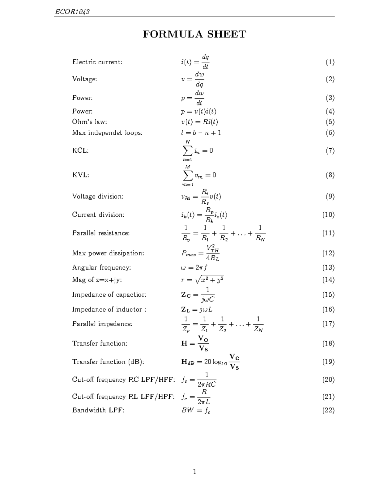 Formula sheet main V5 - ECOR FORMULA SHEET Electric current: i(t ...