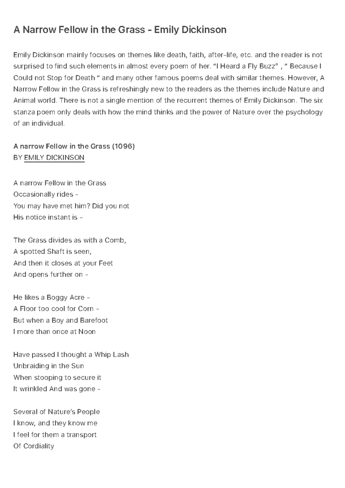 A Narrow Fellow in the Grass - Emily Dickinson - and the reader is not ...