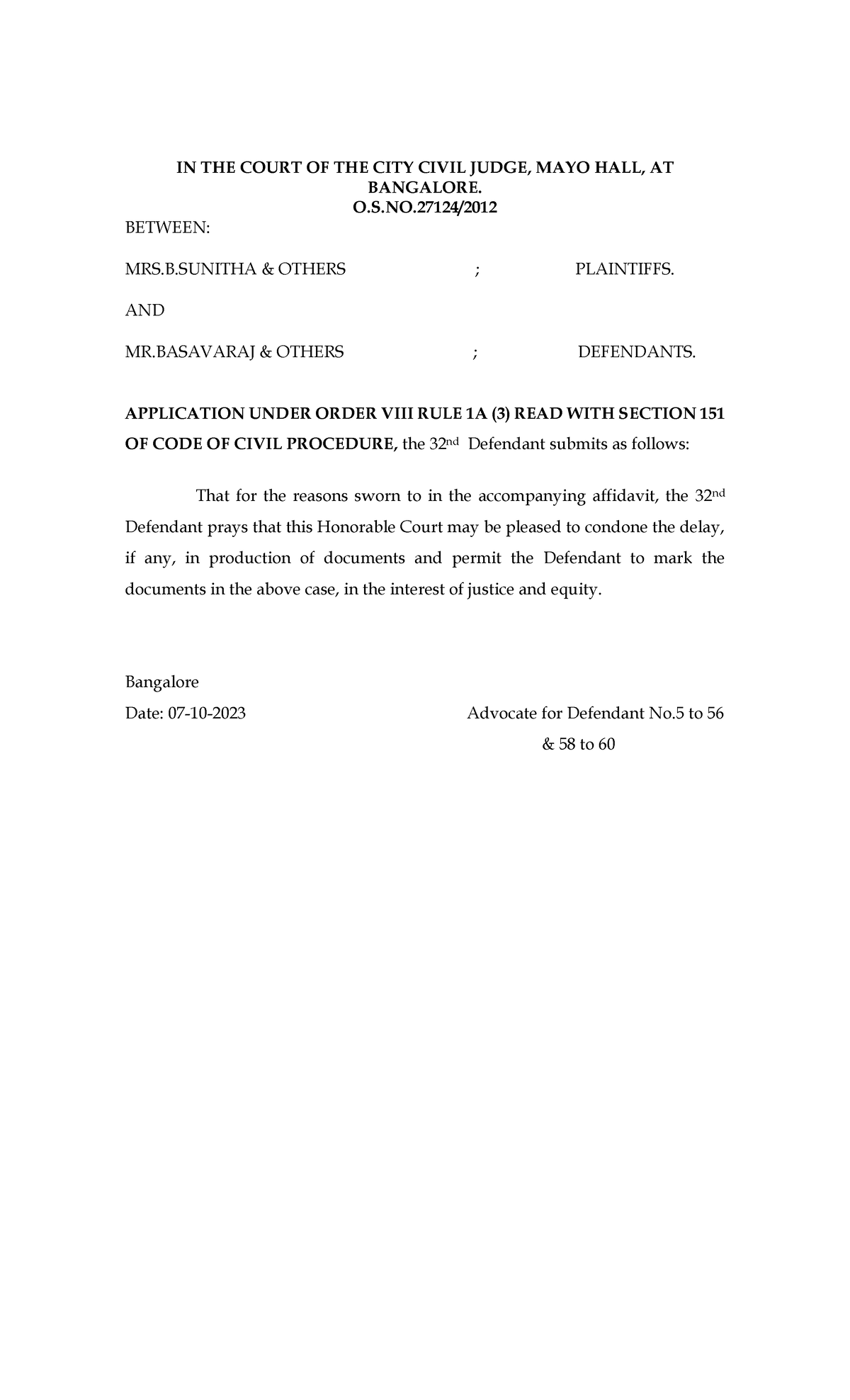 Application under Order VIII Rule 1A (3) in OS. No.27124 of 2012 (28-09 ...