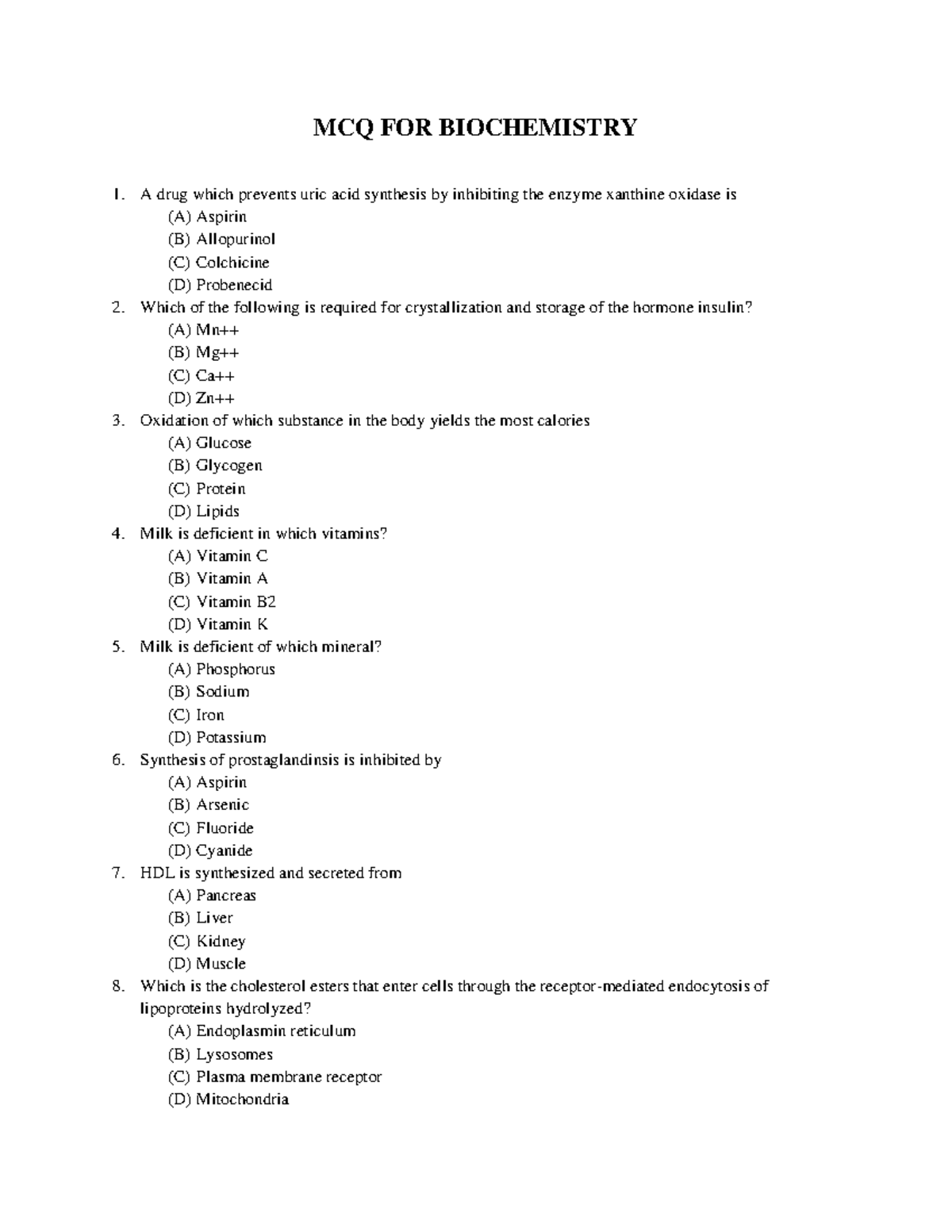 Biochemistry Questions pool with Answer Key - MCQ FOR BIOCHEMISTRY A ...