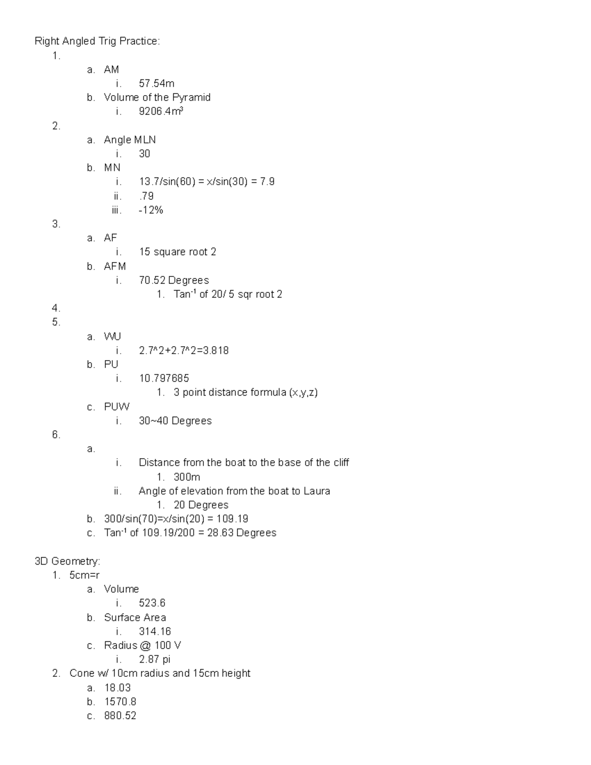 3D Geometry & Right Angled Trig Prac - Right Angled Trig Practice: 1. a ...