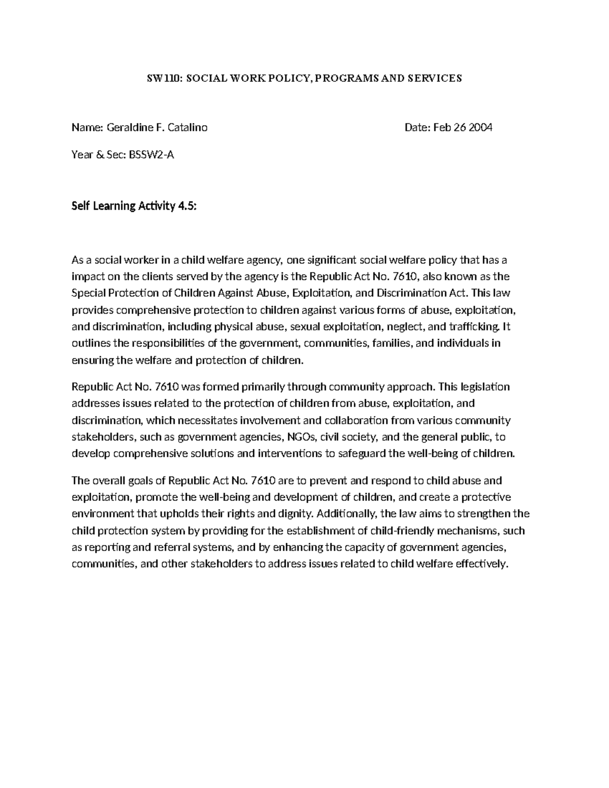 Assignment - Abo - SW110: SOCIAL WORK POLICY, PROGRAMS AND SERVICES ...