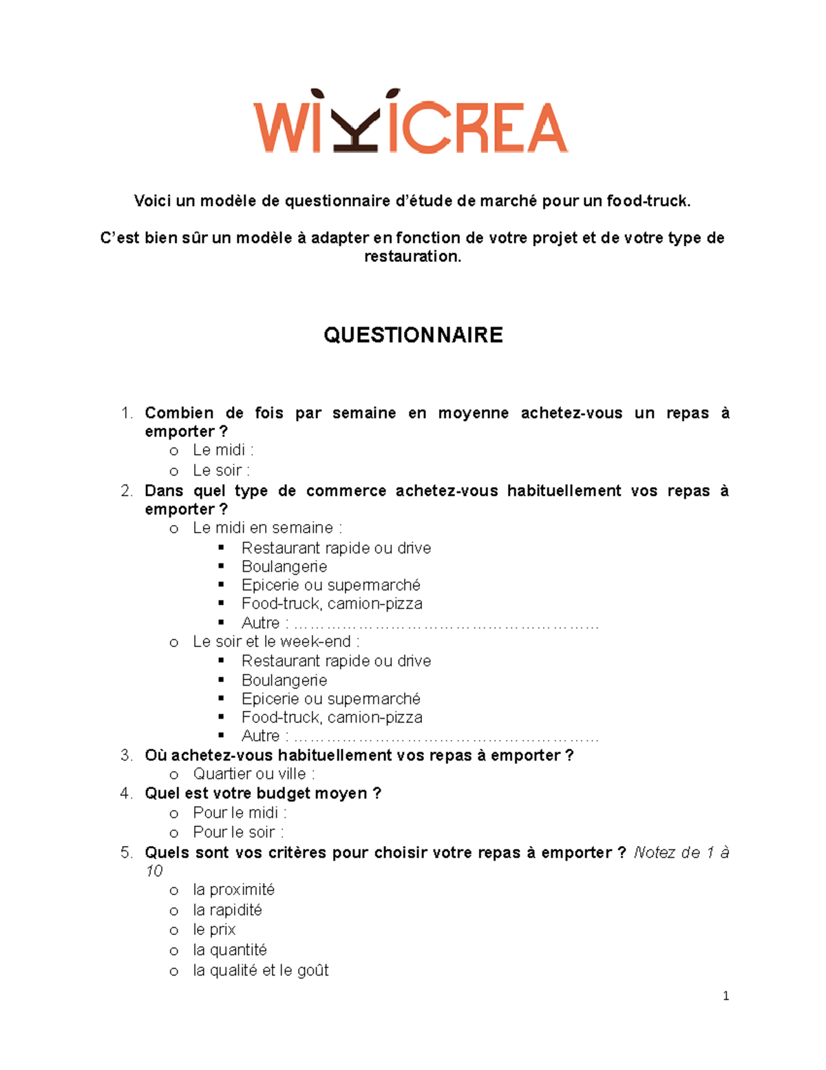 Exemple questionnaire étude de marché food truck - Voici un modèle de ...