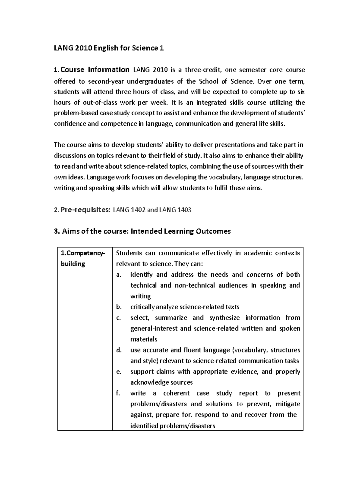 LANG2010-Fall2023 0 - course outline - LANG 2010 English for Science 1 ...