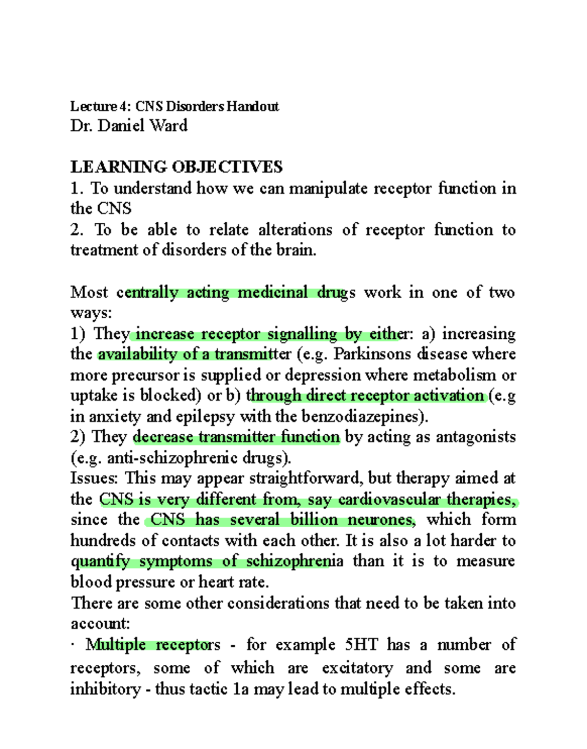 L4 Handout - nots cns disorders - Lecture 4: CNS Disorders Handout Dr ...