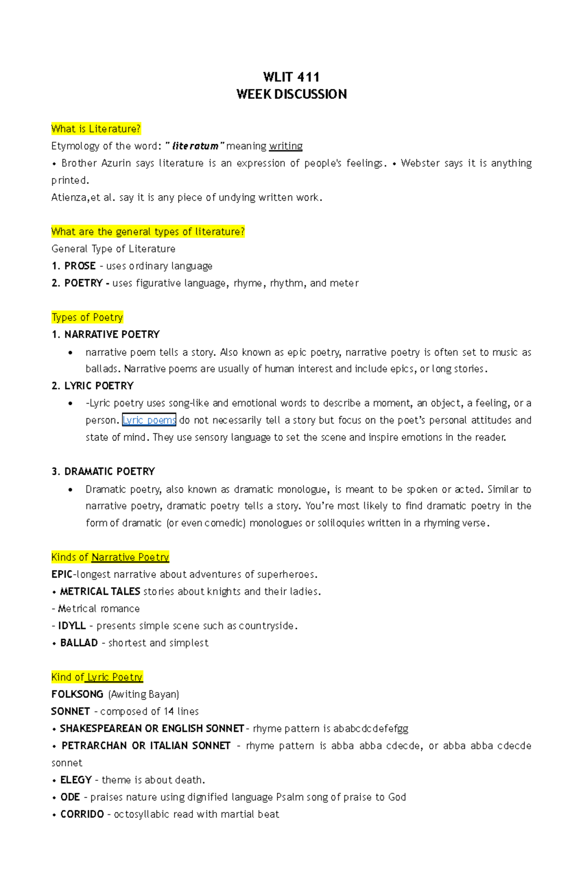 WLIT-Lecture- Week 4 - WLIT 411 WEEK DISCUSSION What is Literature? Etymology of the word ...