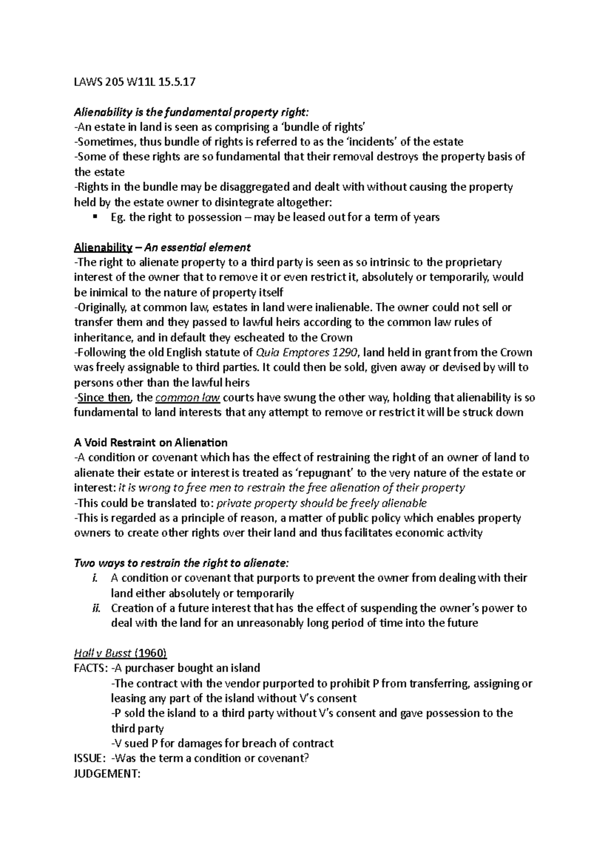 LAWS 205 W11L 15 - Lecture note 11 - LAWS 205 W11L 15. Alienability is ...