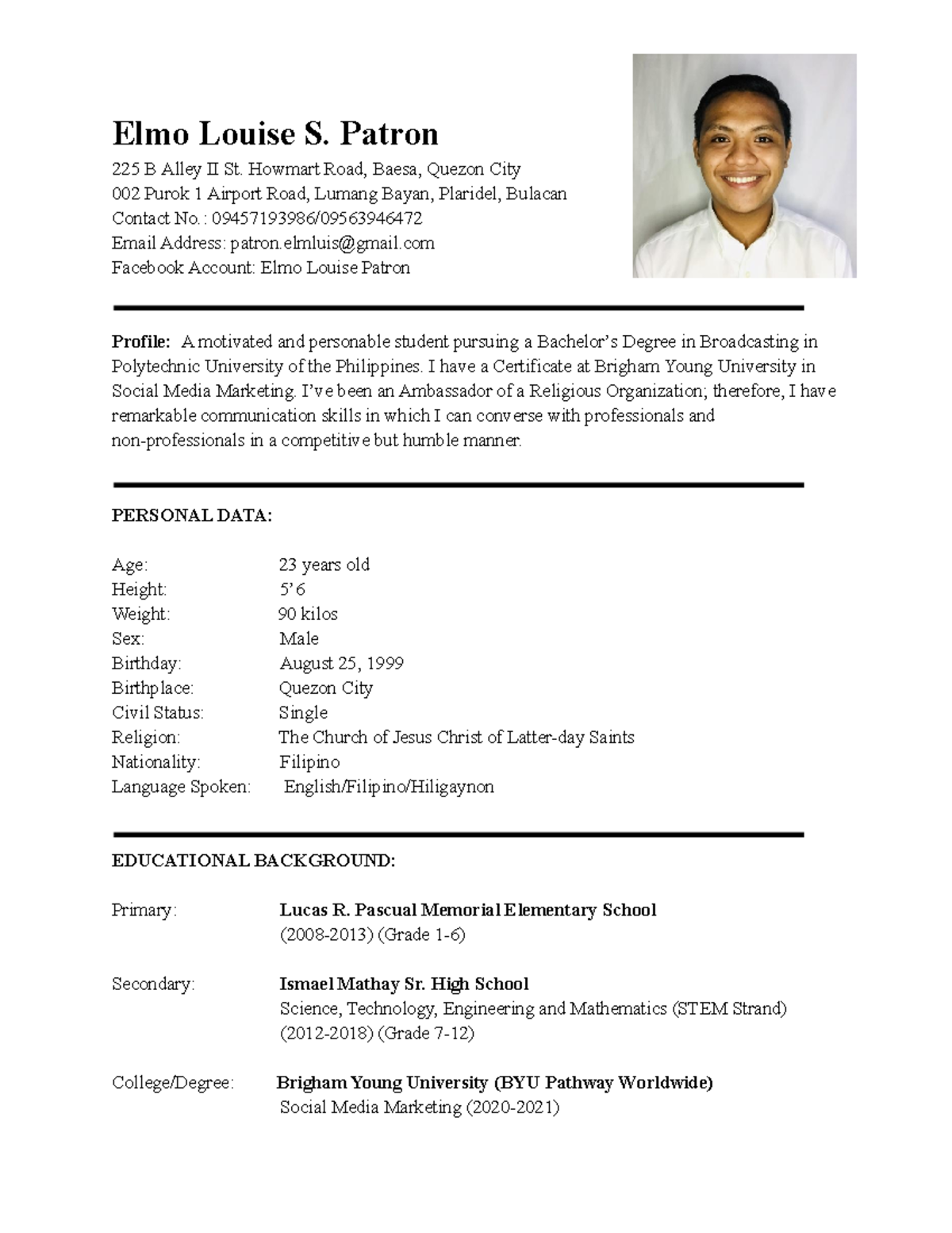 Elmo Louise Patron Resume.docx - Elmo Louise S. Patron 225 B Alley II ...