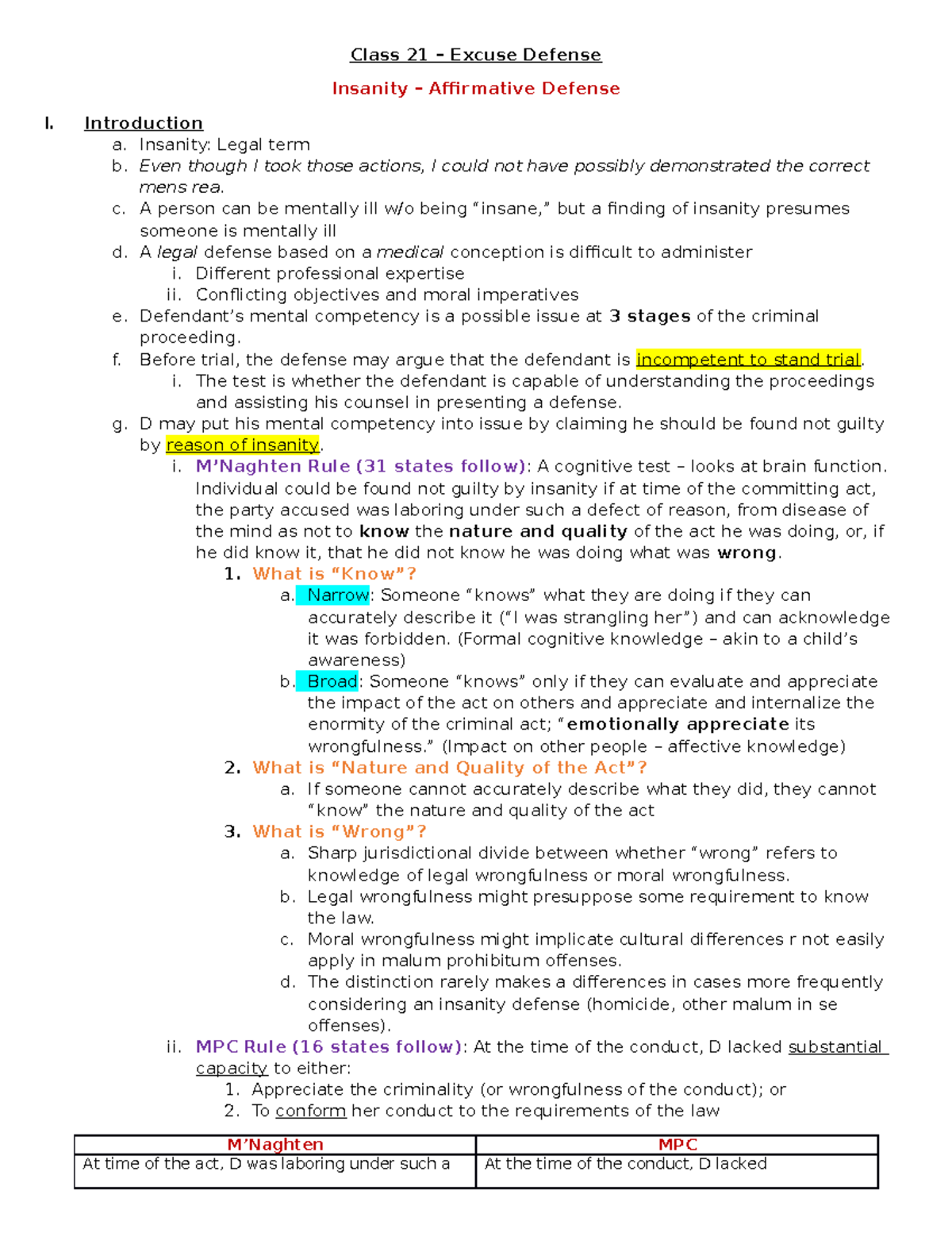 Class 21 – Excuse Defense - Class 21 – Excuse Defense Insanity ...