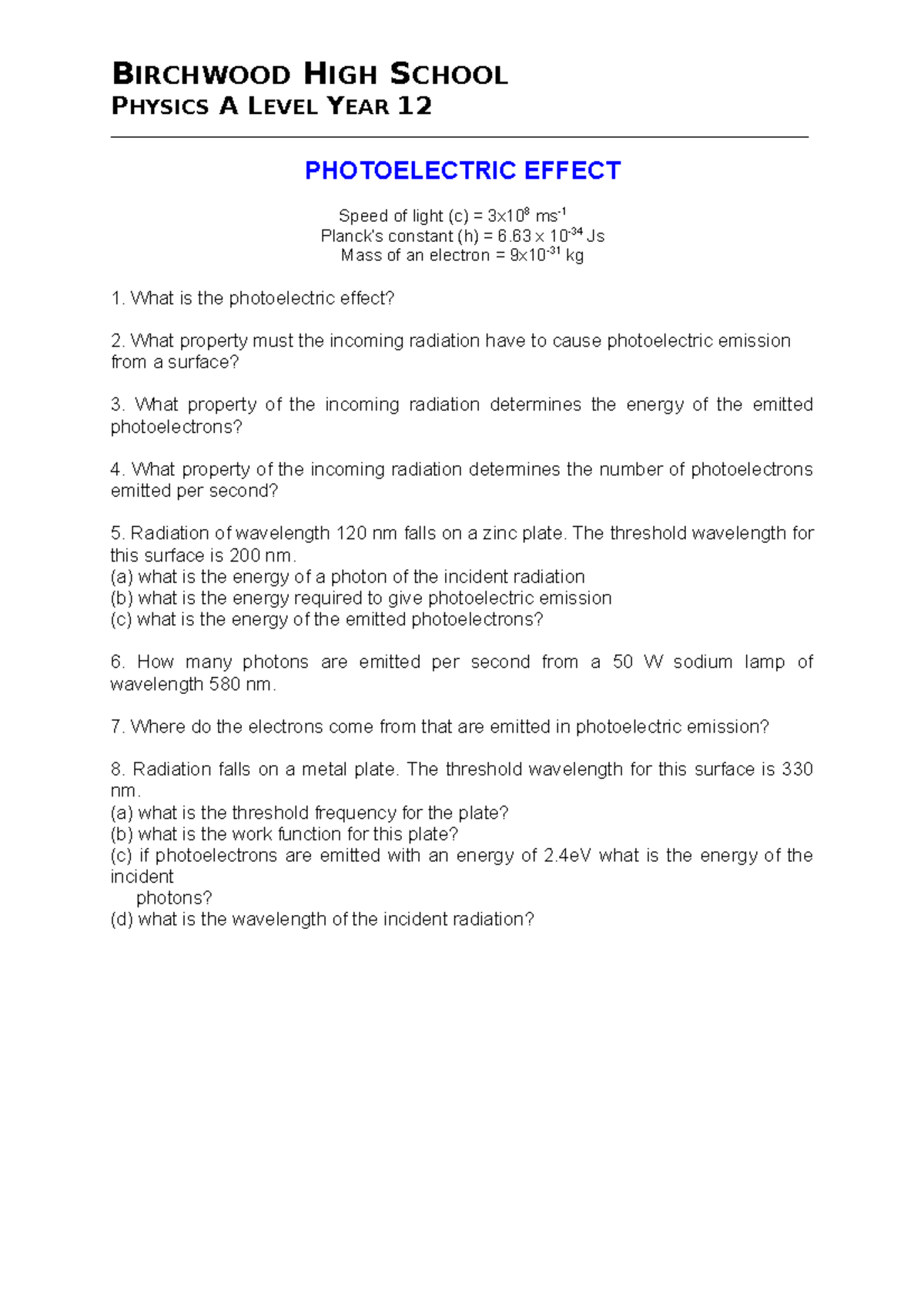 Photoelectric effect - BIRCHWOOD HIGH SCHOOL PHYSICS A LEVEL YEAR 12 ...