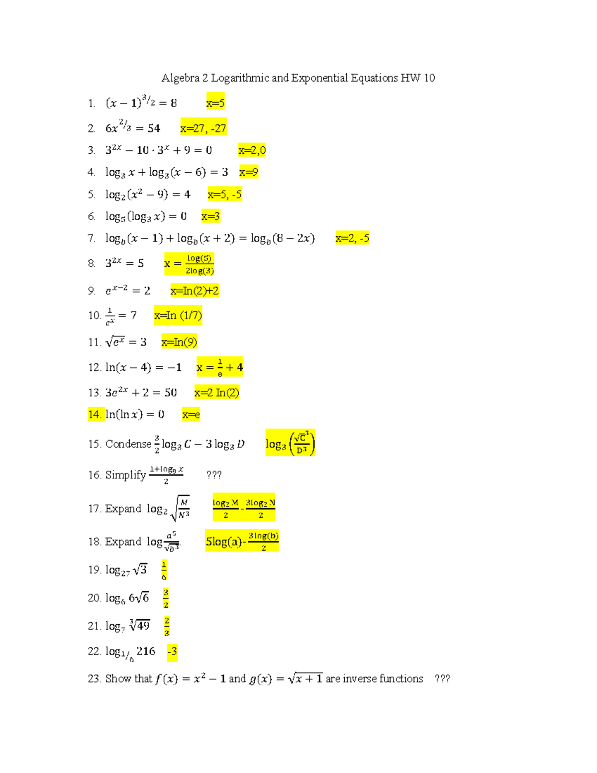 Algebra 2B HW 10 - Homework - Algebra 2 Logarithmic and Exponential ...