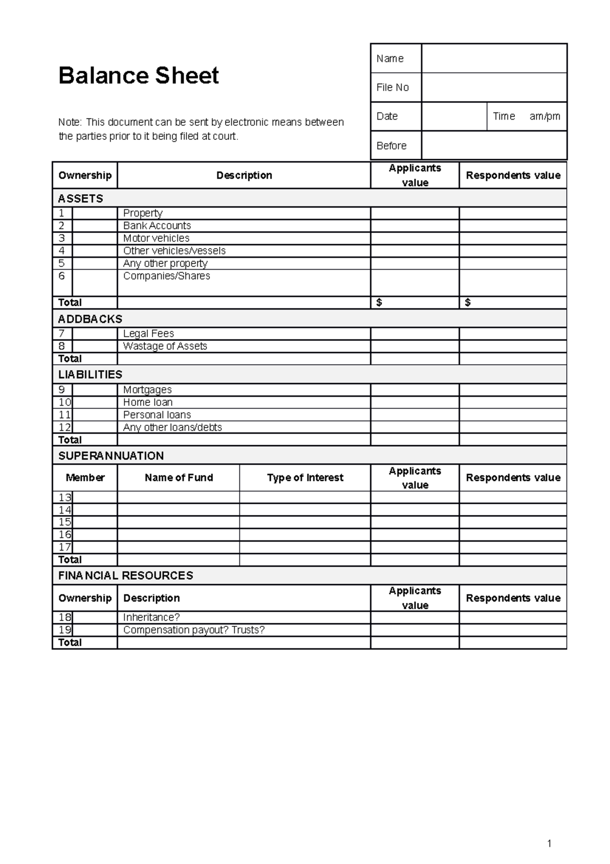Balance Sheet Family Law FCFCOA Balance Sheet Note This Document 