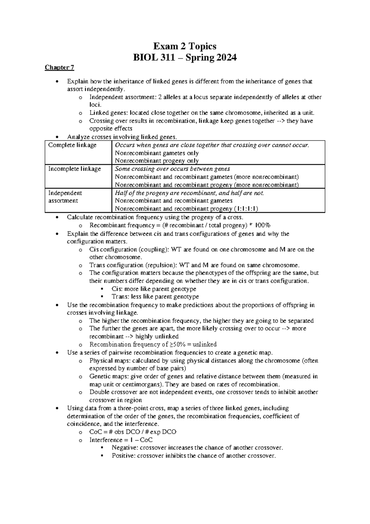 Exam 2 Topics - Summary General Genetics - Exam 2 Topics BIOL 311 ...