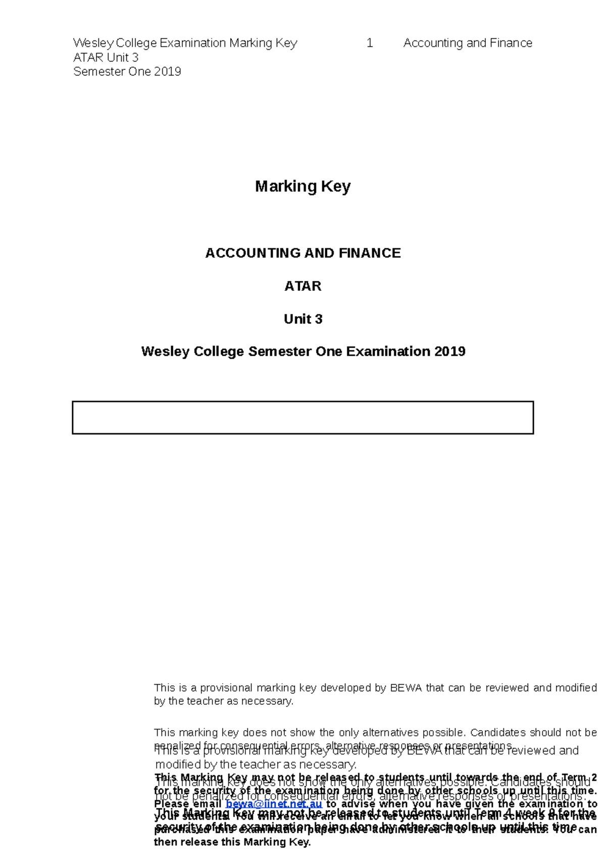 2019 Wesley ACF ATAR Unit 3 Semester One Exam Marking Key corrected ...
